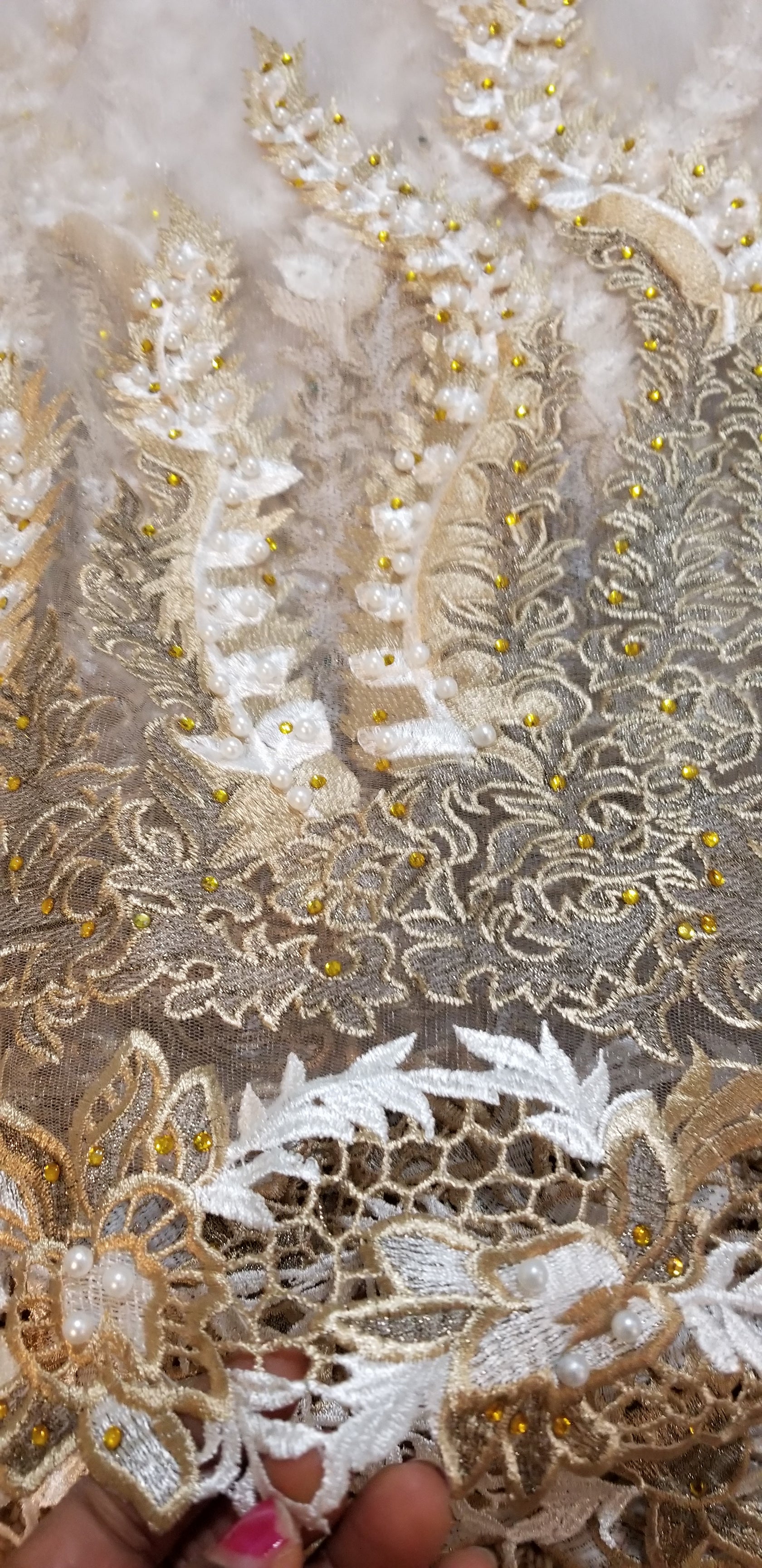 Pure white/Gold net George lace. Classic design with Gold embriodery ...
