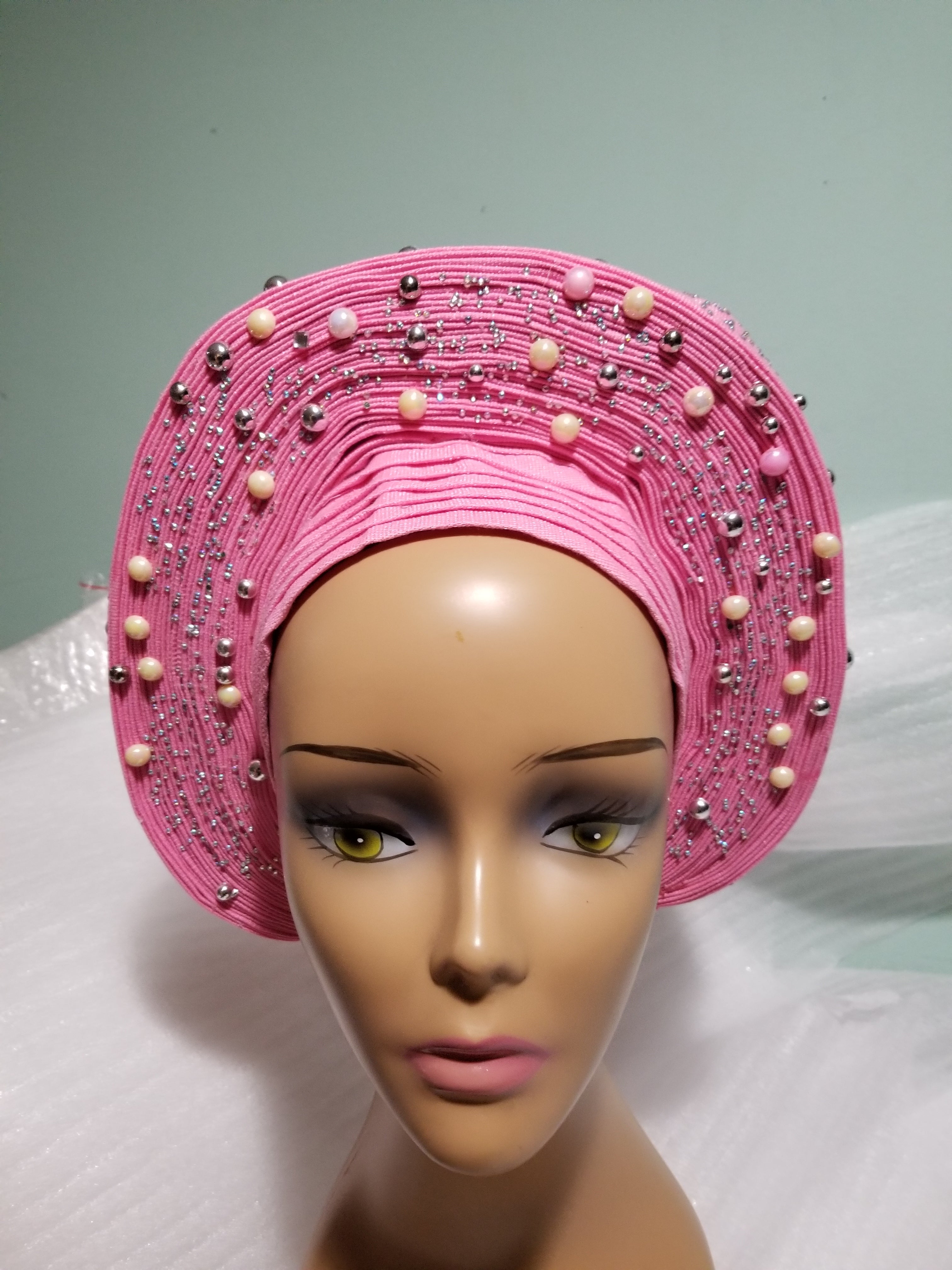 Sweet baby pink Auto-gele made with quality Aso-oke. Silver stoned wor ...