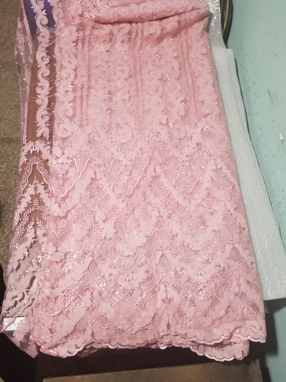 New arrival soft pink net French lace fabric. Quality lace stoned with ...