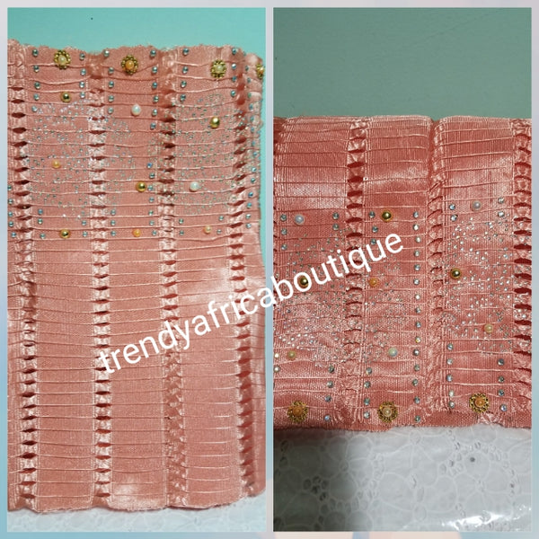 Latest Peach color Aso-oke Gele only. Bead dazzled and stones border ...