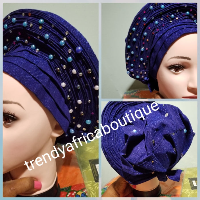 Royal blue Auto-gele made with quality Aso-oke. Beaded and stoned qual ...