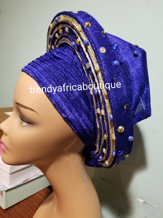 Clearance Nigeria gele. Royal blue/champagne Auto-gele. Nigerian aso-o ...