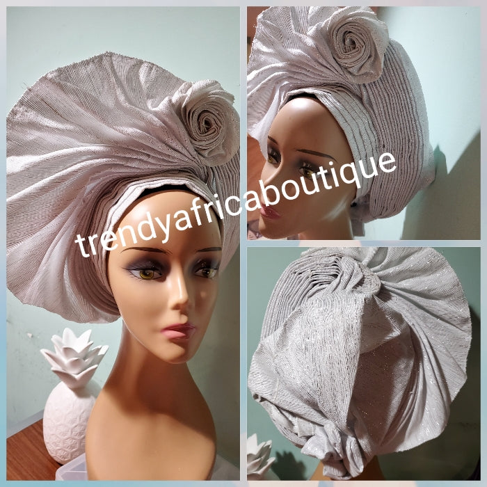 Quality white/silver Auto-gele made with quality Aso-oke. Fan design w ...